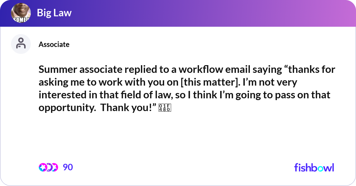 Summer associate replied to a workflow email sayin... | Fishbowl