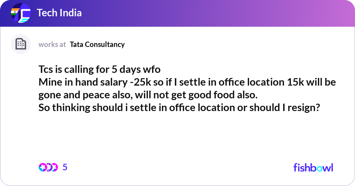 Tcs is calling for 5 days wfo Mine in hand salary ... | Fishbowl