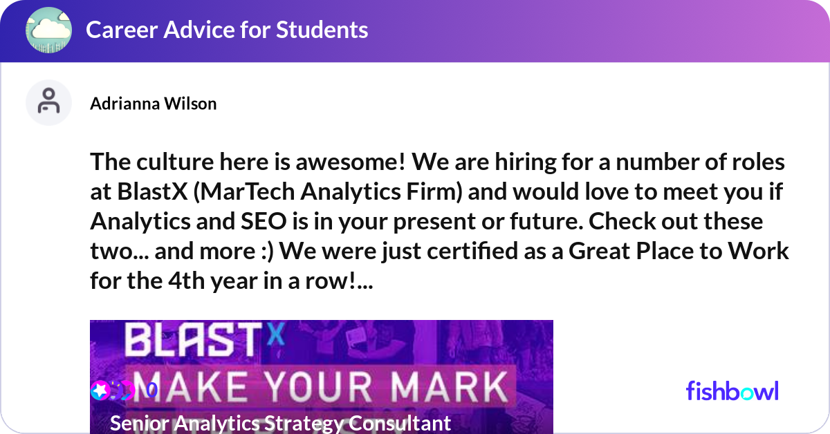 The culture here is awesome! We are hiring for a n... | Fishbowl