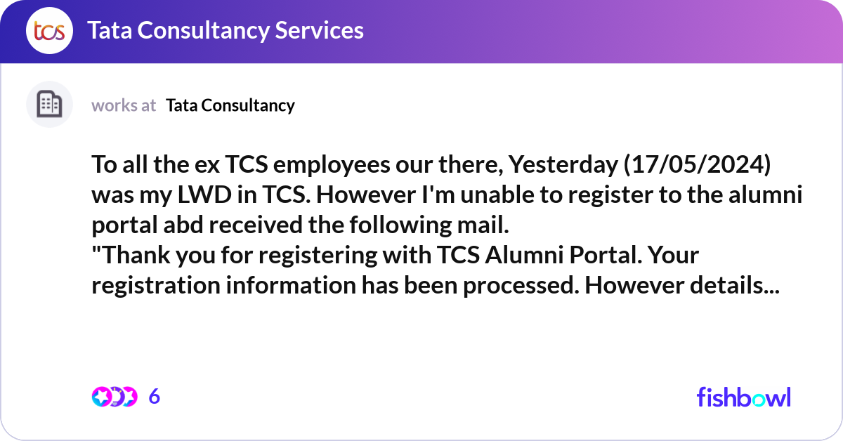 To all the ex TCS employees our there, Yesterday (... | Fishbowl