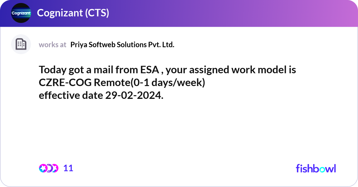Today got a mail from ESA , your assigned work mod... | Fishbowl