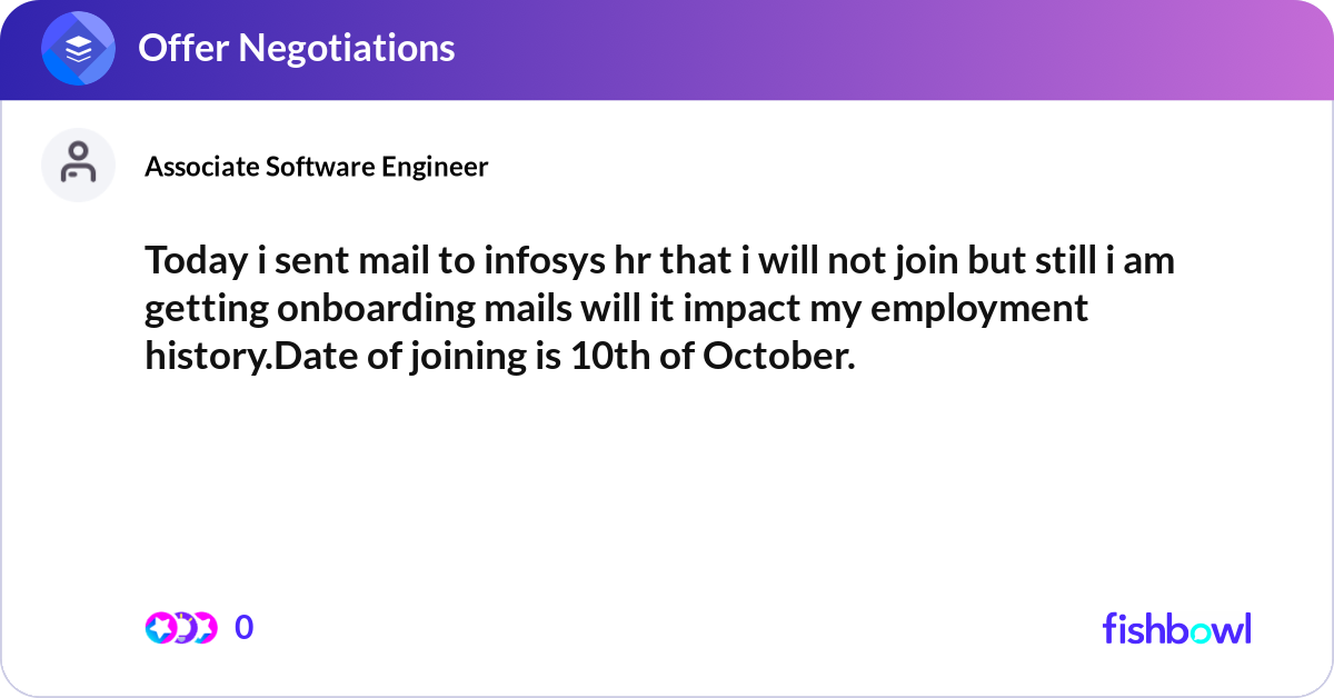 Today i sent mail to infosys hr that i will not jo... | Fishbowl