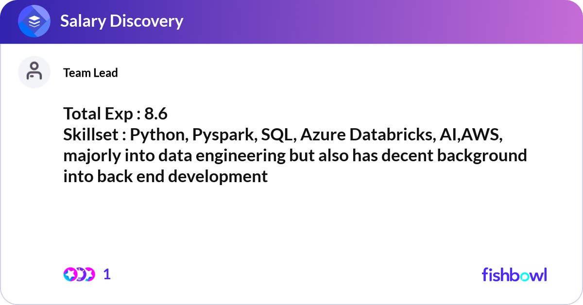 Total Exp : 8.6 Skillset : Python, Pyspark, SQL, A... | Fishbowl