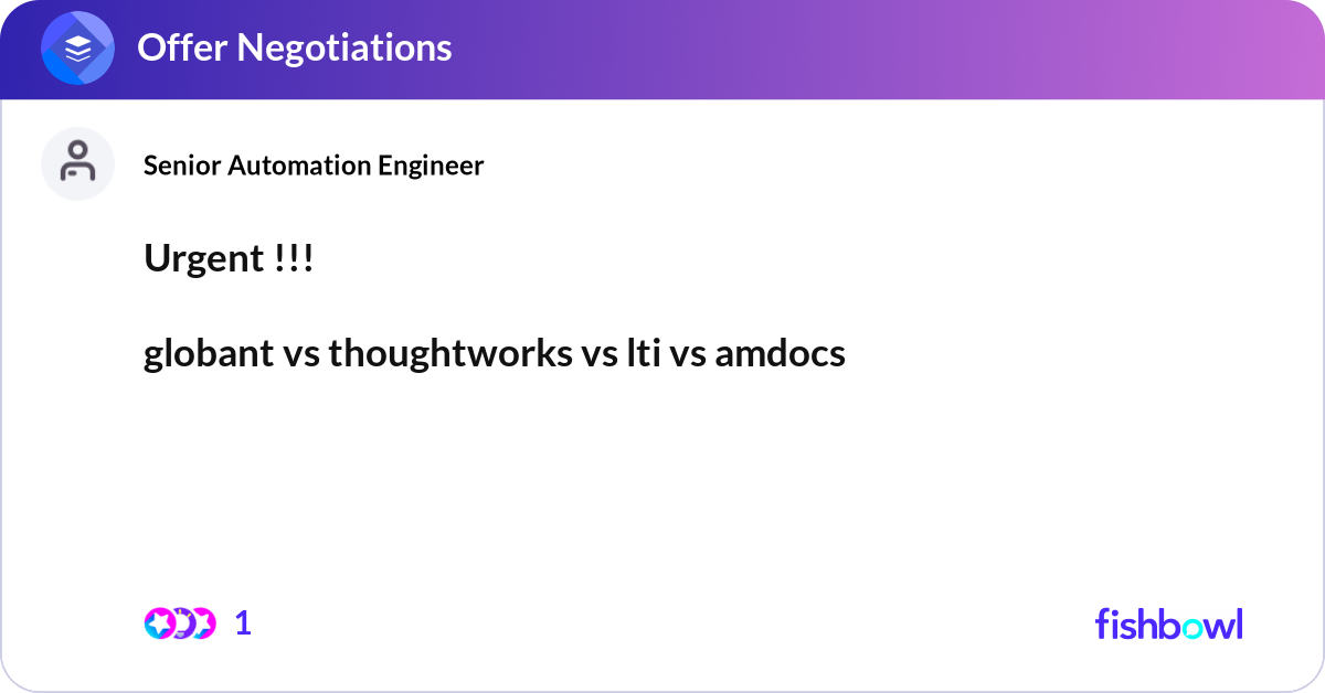 Urgent !!! globant vs thoughtworks vs lti vs amdo... | Fishbowl