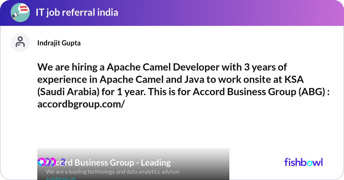 We are hiring a Apache Camel Developer with 3 year... | Fishbowl