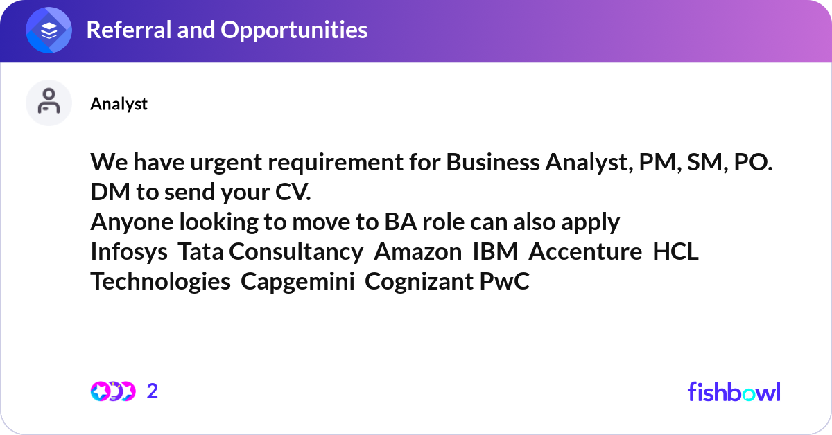 We have urgent requirement for Business Analyst, P... | Fishbowl