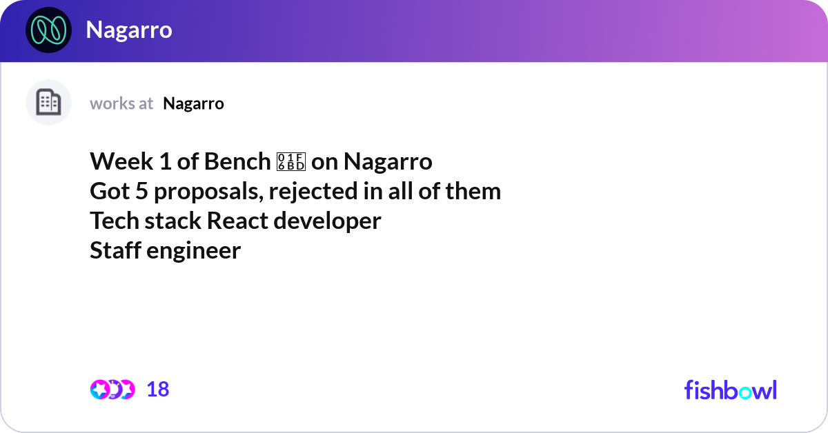Week 1 of Bench 🚽 on Nagarro Got 5 proposals, rej... | Fishbowl