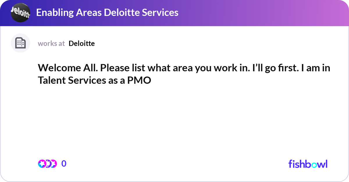 Welcome All. Please list what area you work in. I’... | Fishbowl