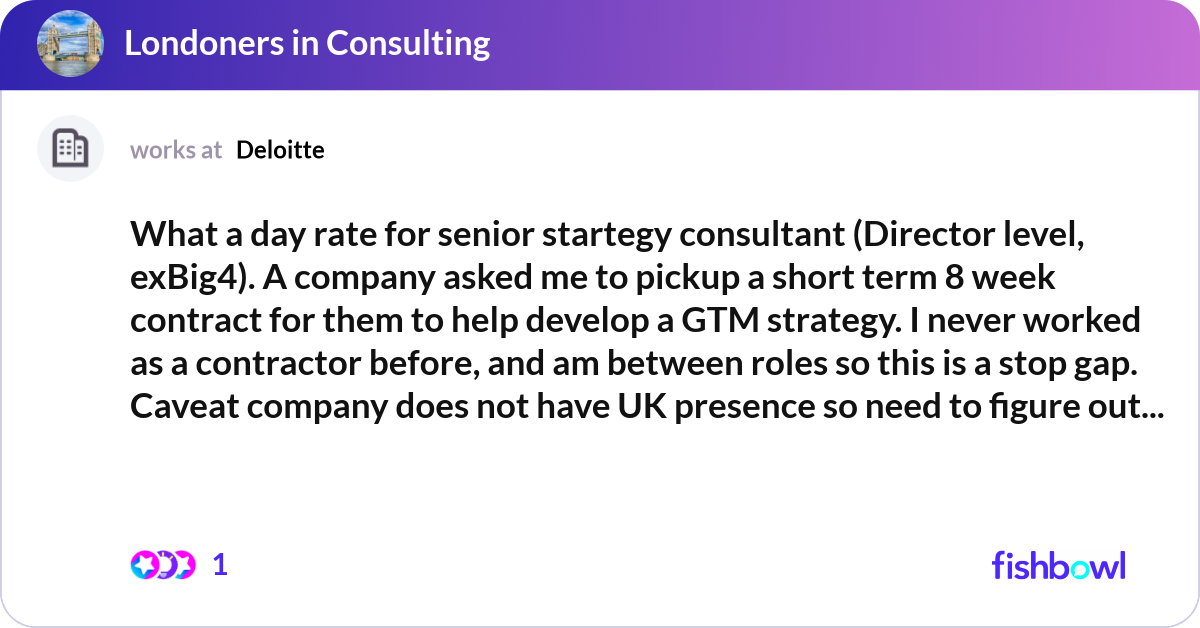 What a day rate for senior startegy consultant (Di... | Fishbowl
