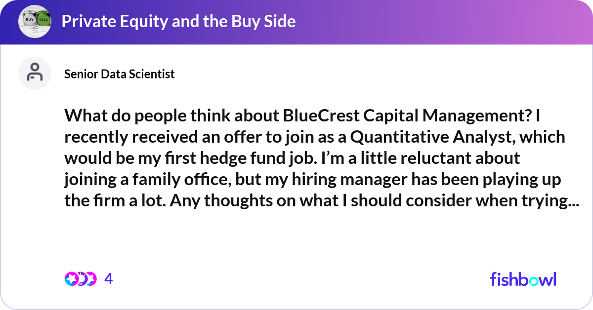 What do people think about BlueCrest Capital Manag... | Fishbowl