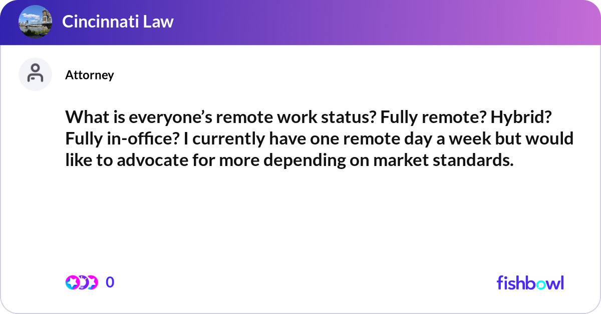 What is everyone’s remote work status? Fully remot... | Fishbowl