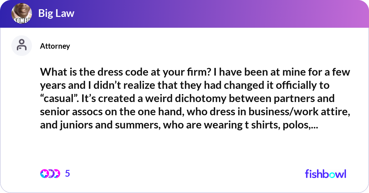 What is the dress code at your firm? I have been a... | Fishbowl