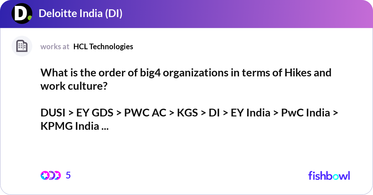 What is the order of big4 organizations in terms o... | Fishbowl