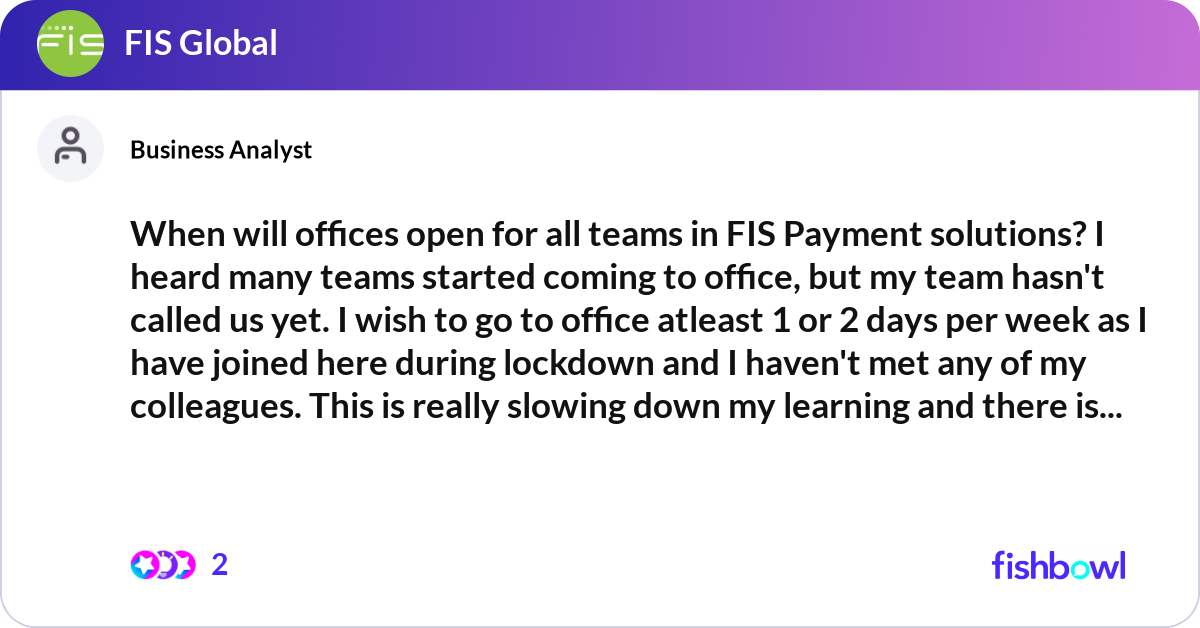 When will offices open for all teams in FIS Paymen... | Fishbowl