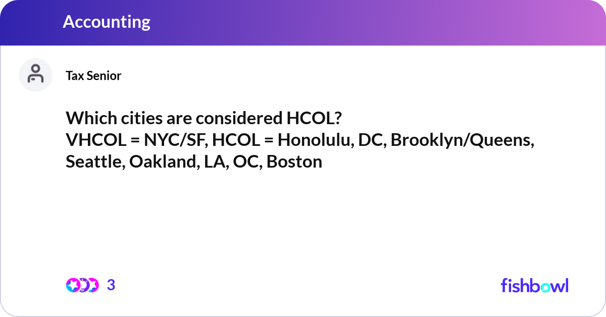 Which cities are considered HCOL? VHCOL = NYC/SF, ... | Fishbowl