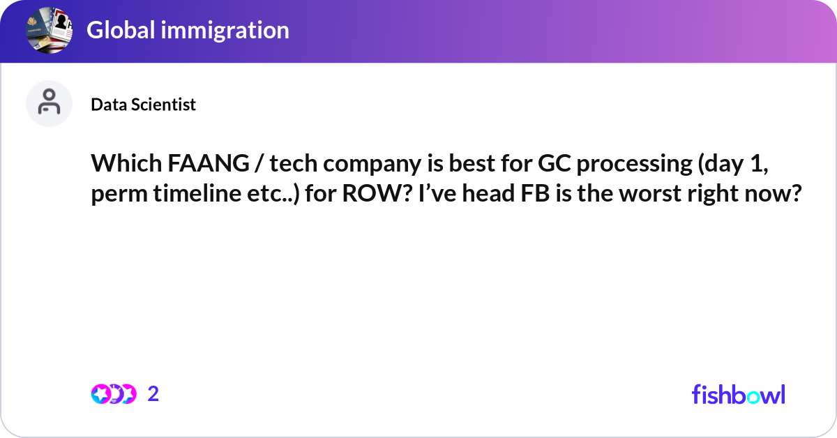 Which FAANG / tech company is best for GC processi... | Fishbowl