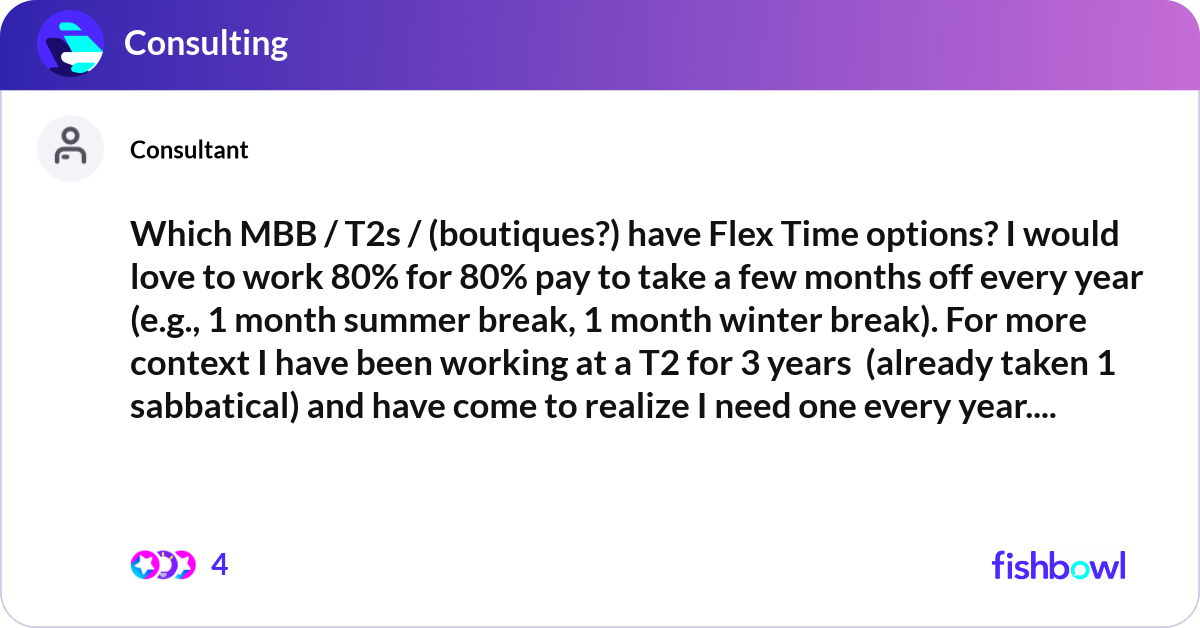 Which MBB / T2s / (boutiques?) have Flex Time opti... | Fishbowl