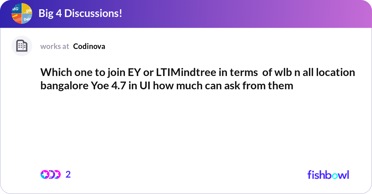 Which one to join EY or LTIMindtree in terms of w... | Fishbowl