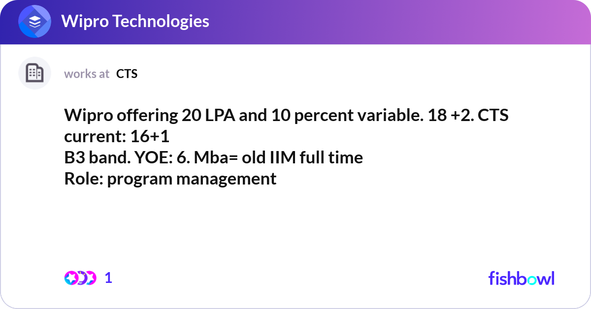Wipro offering 20 LPA and 10 percent variable. 18 ... | Fishbowl