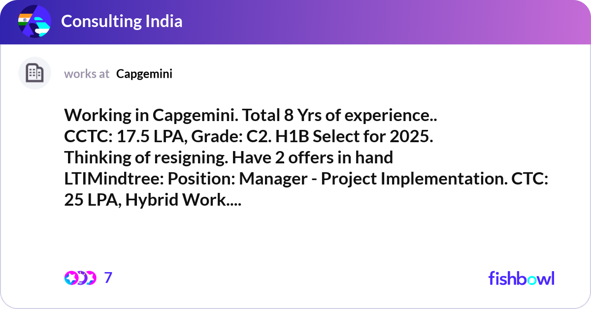 Working in Capgemini. Total 8 Yrs of experience.. ... | Fishbowl