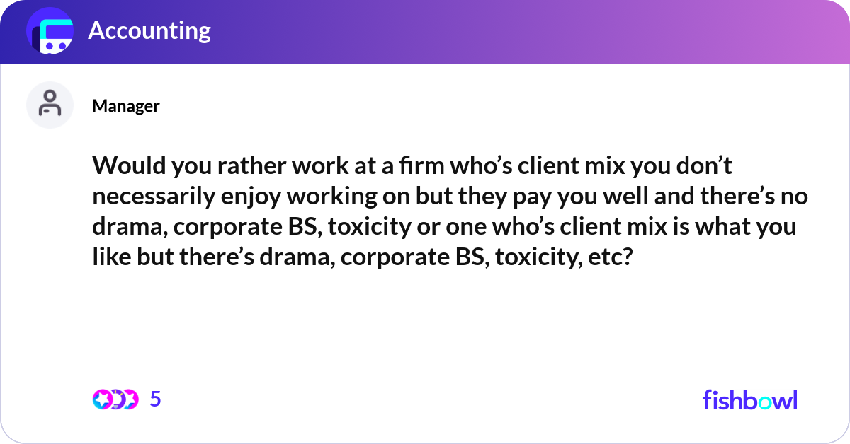 Would you rather work at a firm who’s client mix y... | Fishbowl