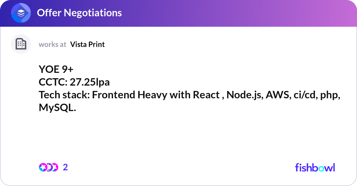 YOE 9+ CCTC: 27.25lpa Tech stack: Frontend Heavy w... | Fishbowl