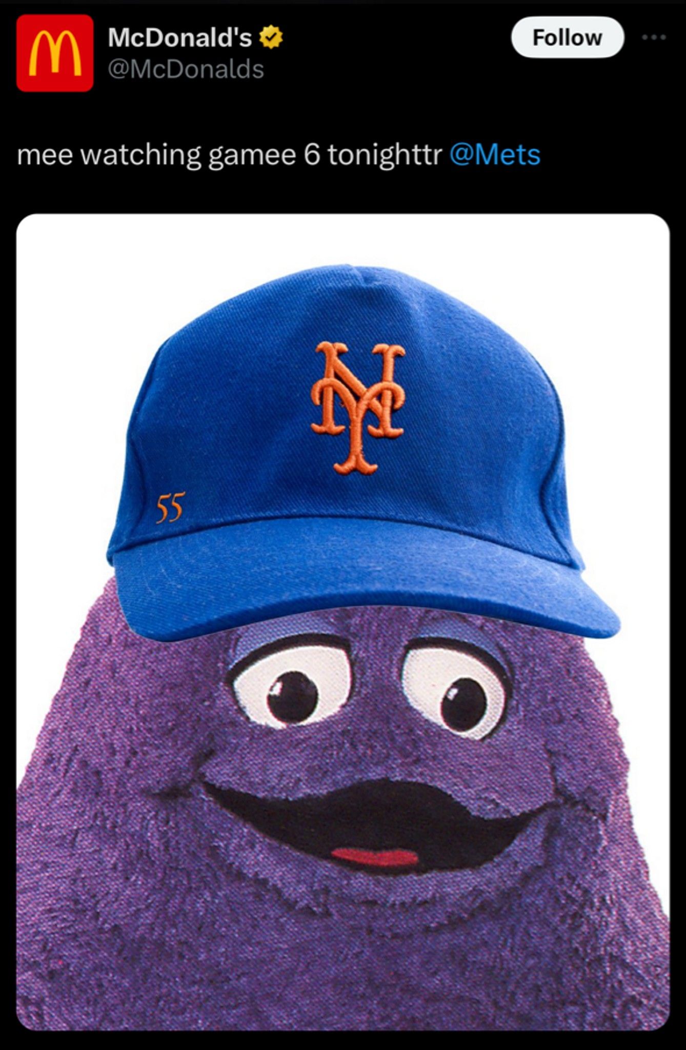 Incredible stuff from the Mets and McDonald’s teams. Grimace there out ...