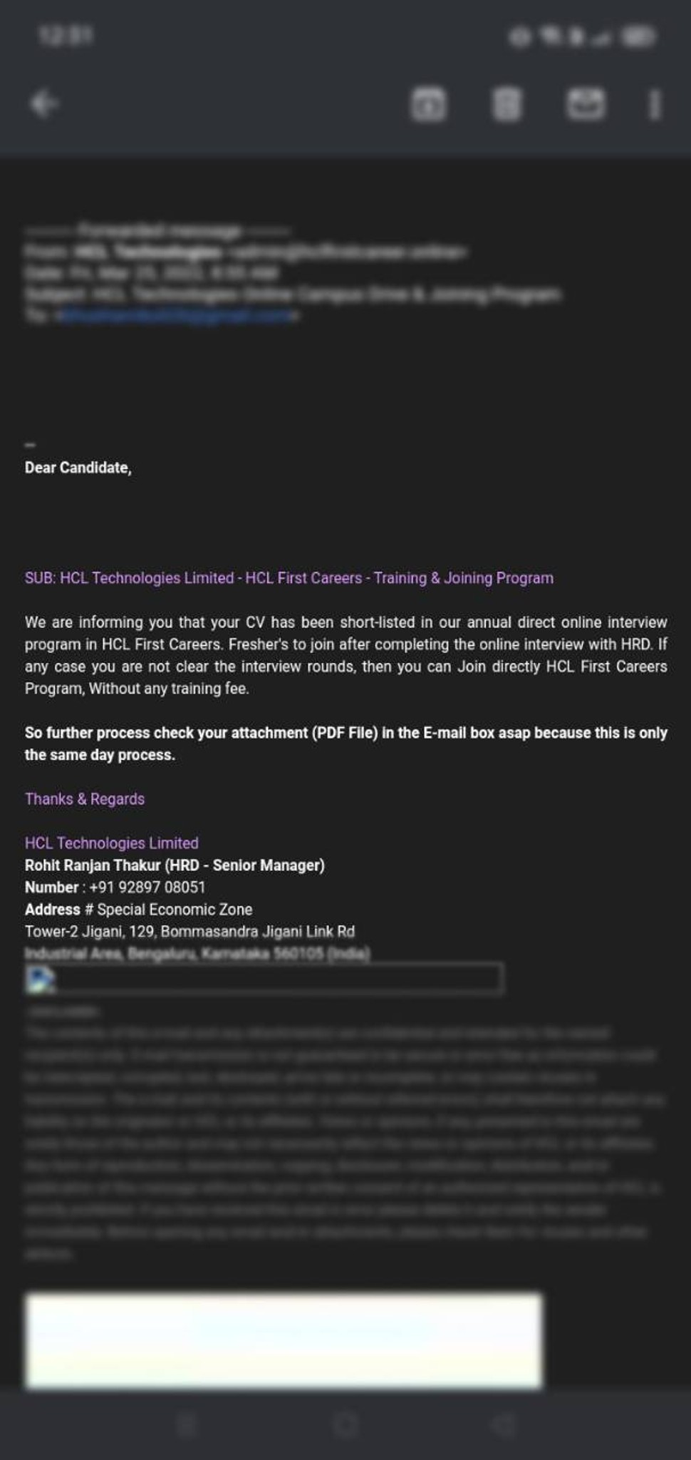 Someone in my friend circle have received this mail from HCL ...