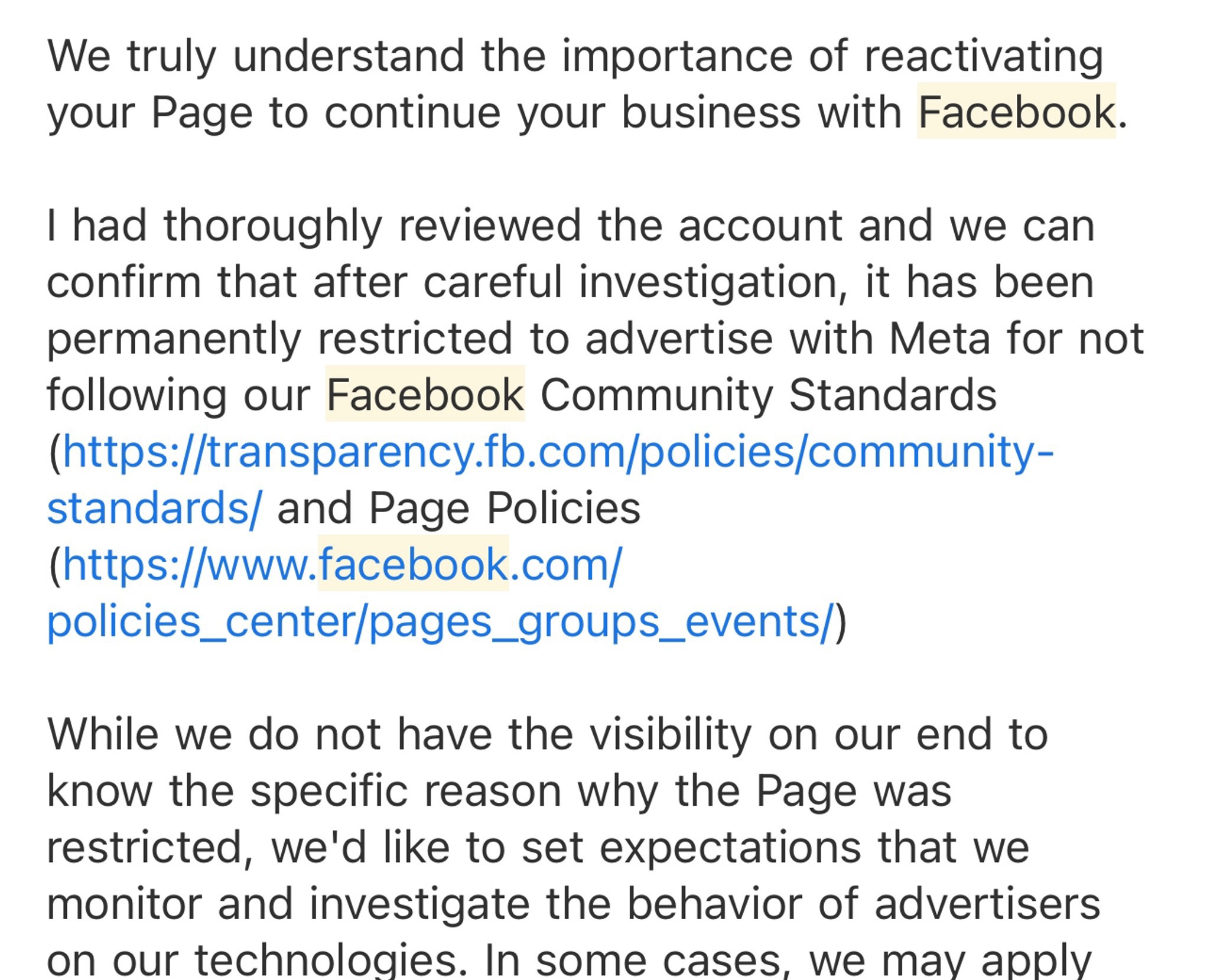 Meta permanently restricted a client from advertising, but they “do not ...