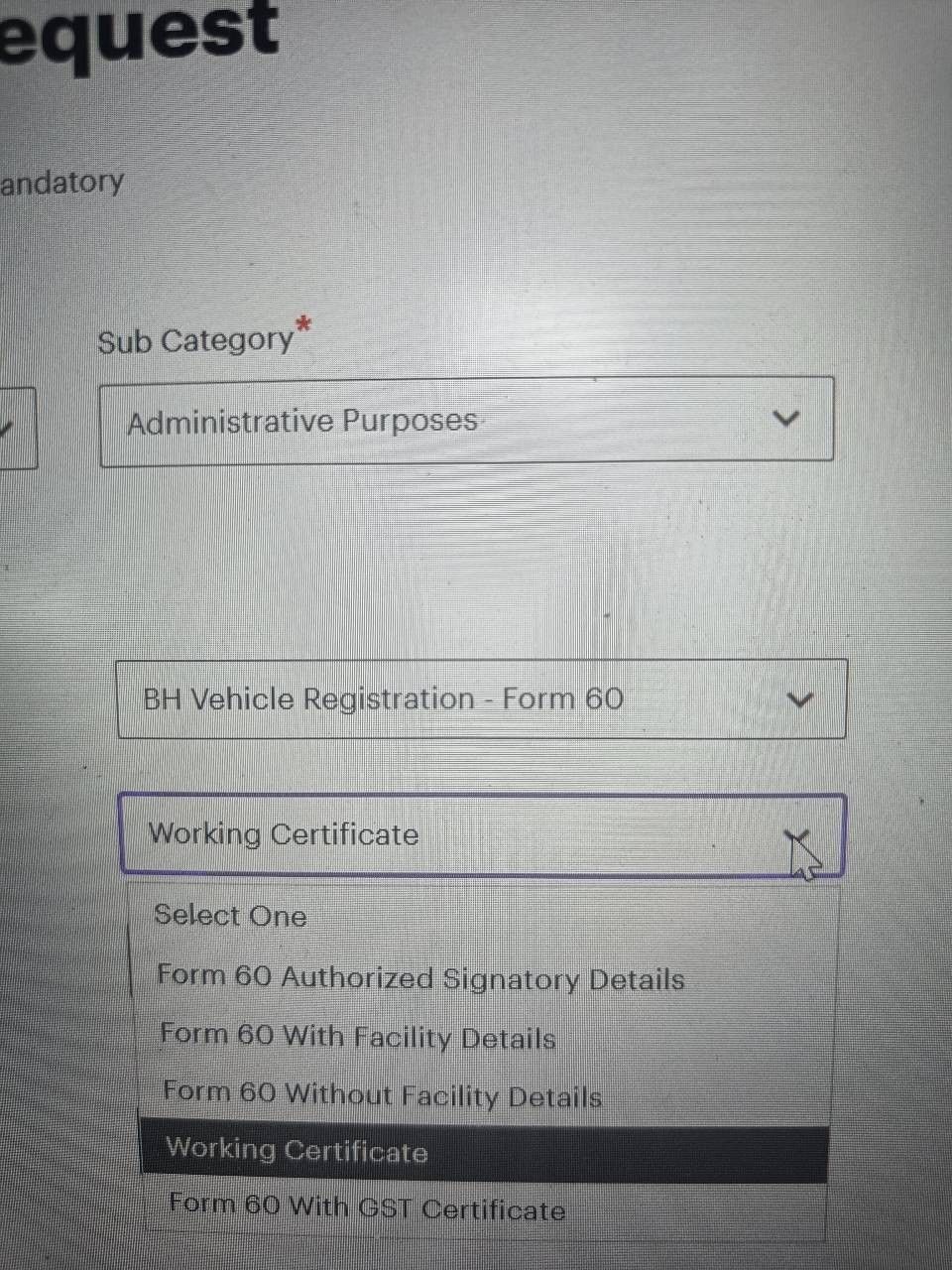 While raising request for form 60 (BH vehicle registration) in AST tool ...