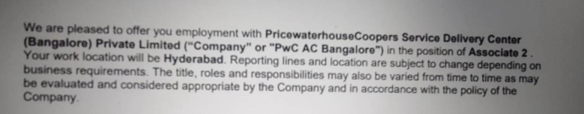 Hi fishes... I got offer letter from pwc today...it was mentioned as ...