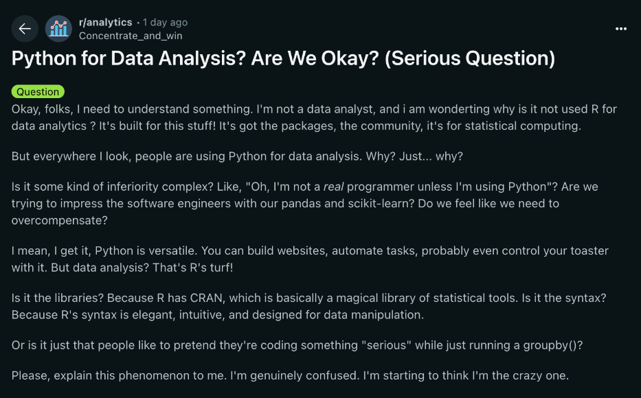 I learned R first, but once I got introduced to Py... | Fishbowl