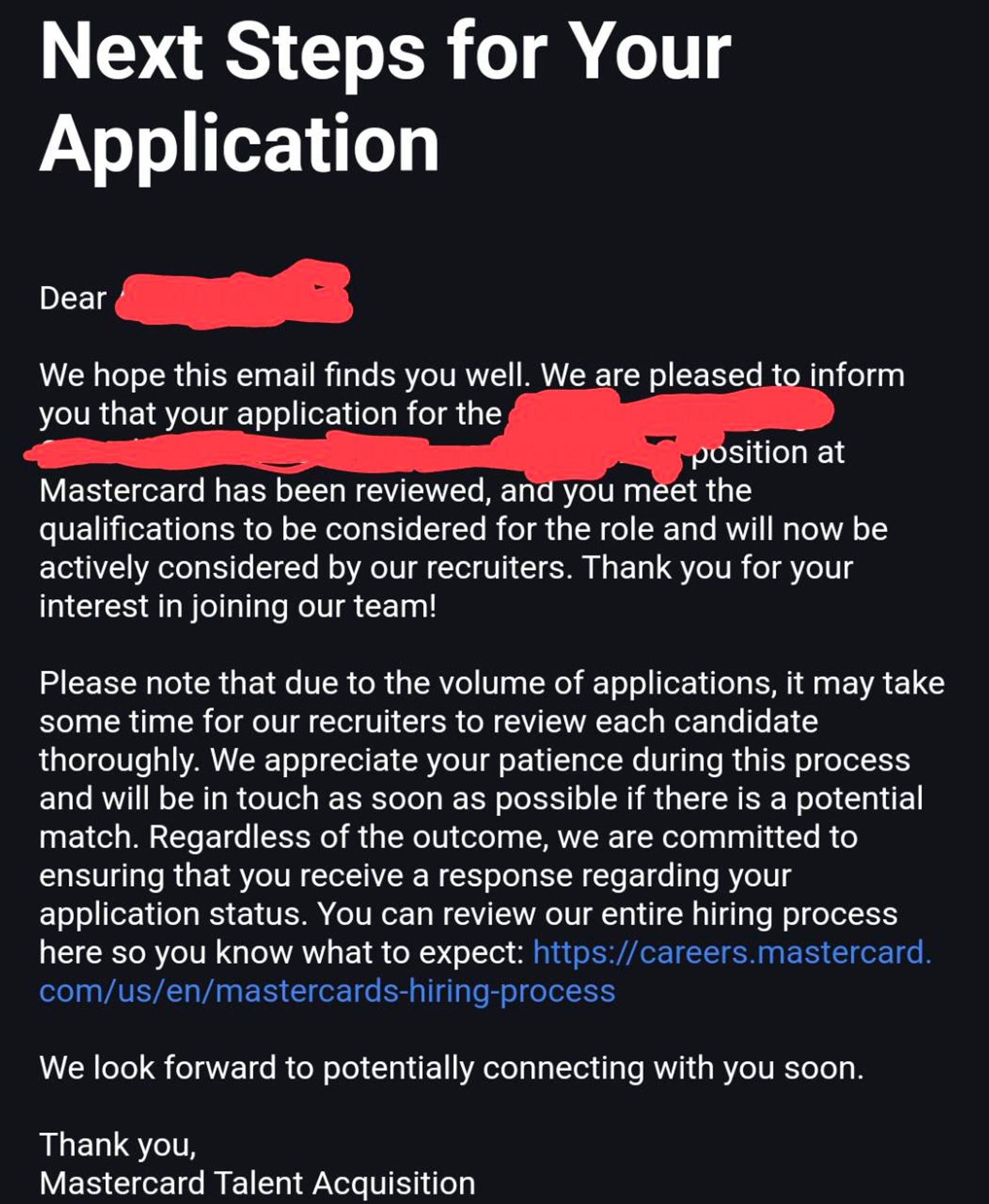 Has anyone ever been through the MasterCard application process Just received this email from them. Glassdoor Forum