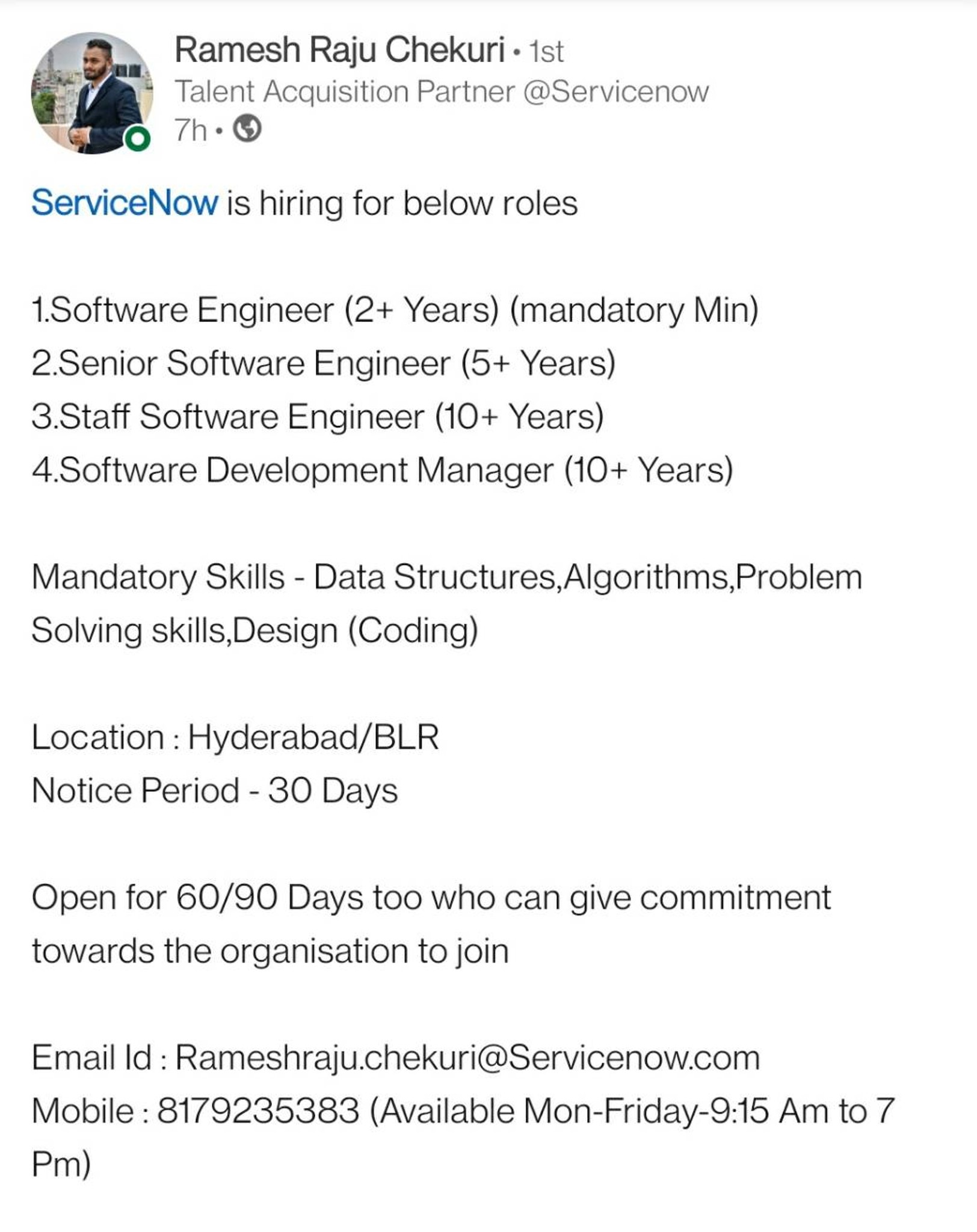 Good opportunity for people having 90days notice period. Do apply and ...