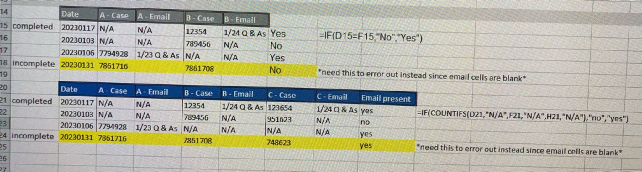 Looking to track cell text that contain various values: “N/A”, various ...