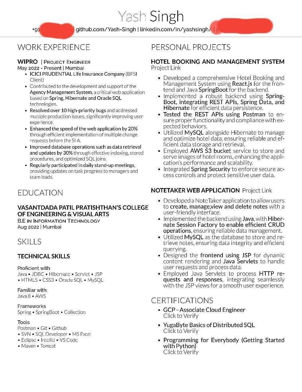 Hey guys, Can you please tell what I can improve in this resume? YOE: 2 ...