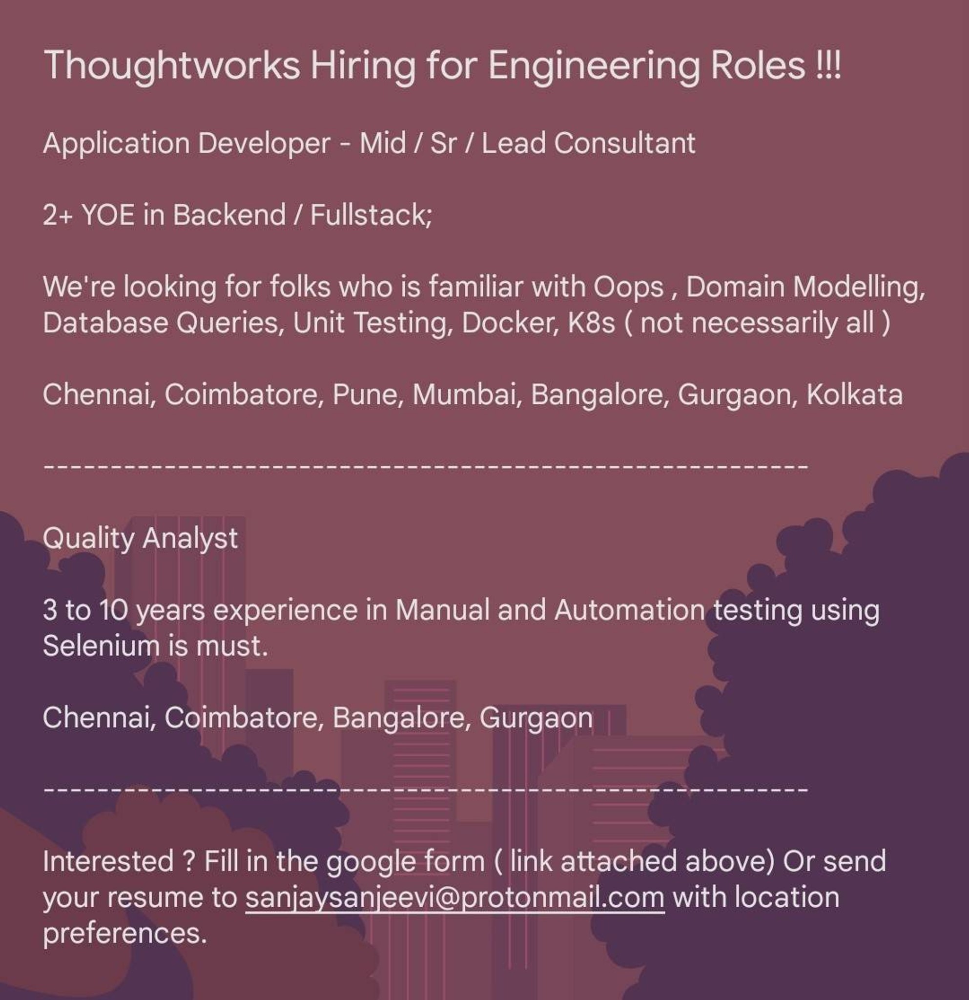 Thoughtworks Hiring!!! Use Google Form Link (in... | Fishbowl
