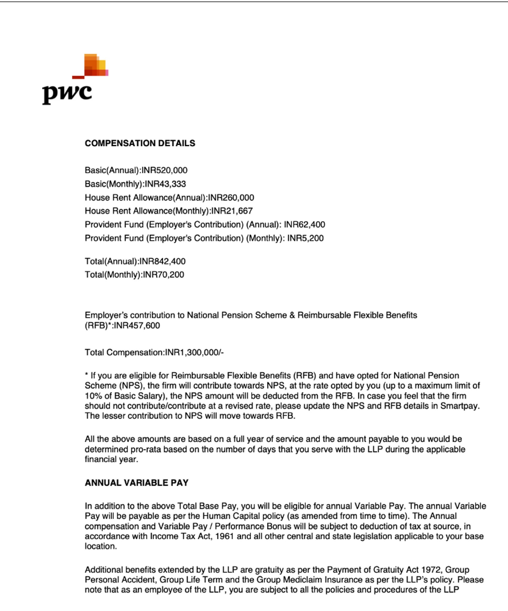 I received an offer today from PWC india. what will be my inhand salary ...