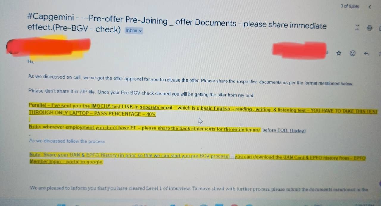 Hello Capgemini i have got email from Capgemini with subject line 'Pre ...