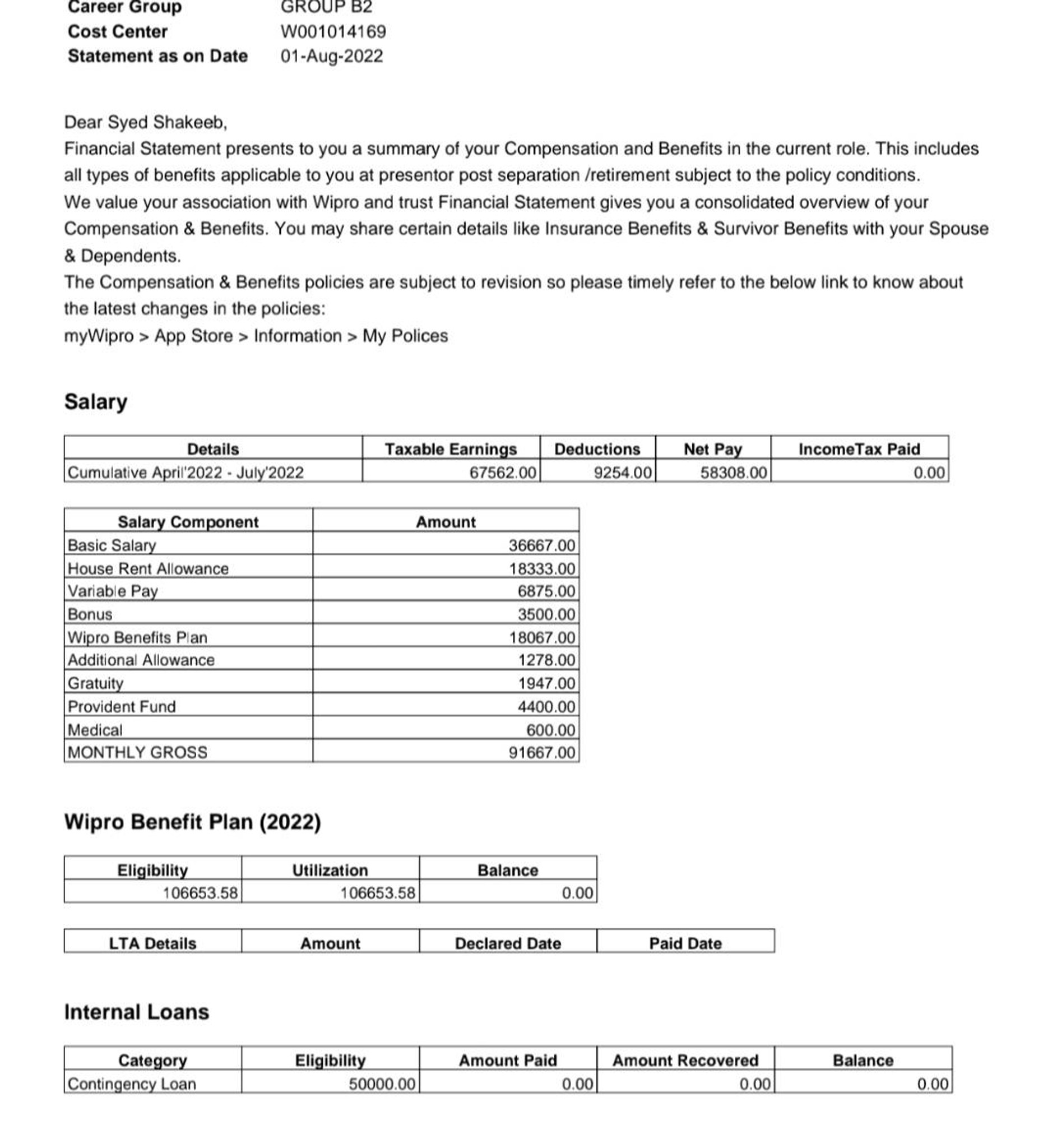 Hi All I have recently joined Wipro on 4th July with 11LPA there is a ...