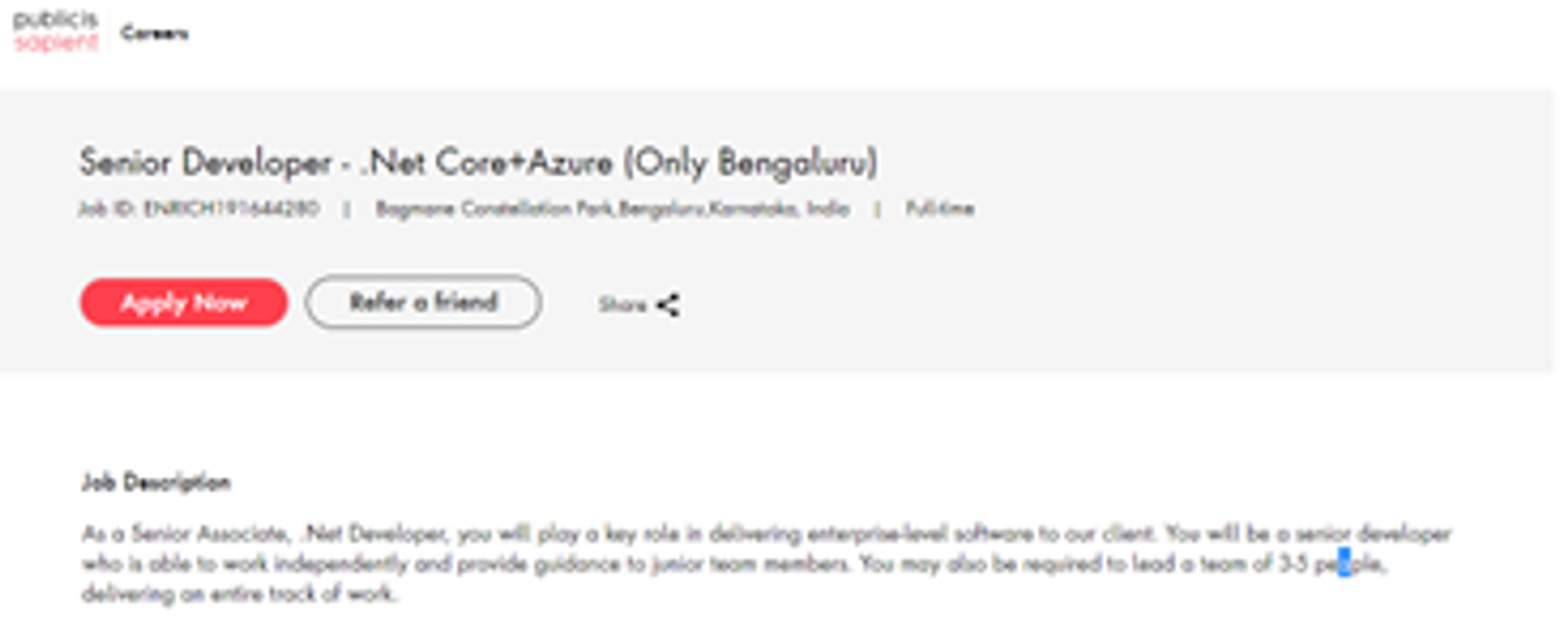 Hi Fishes, Publicis Sapient is hiring for a Senior Developer role. Tech stack: .NET Framework ...