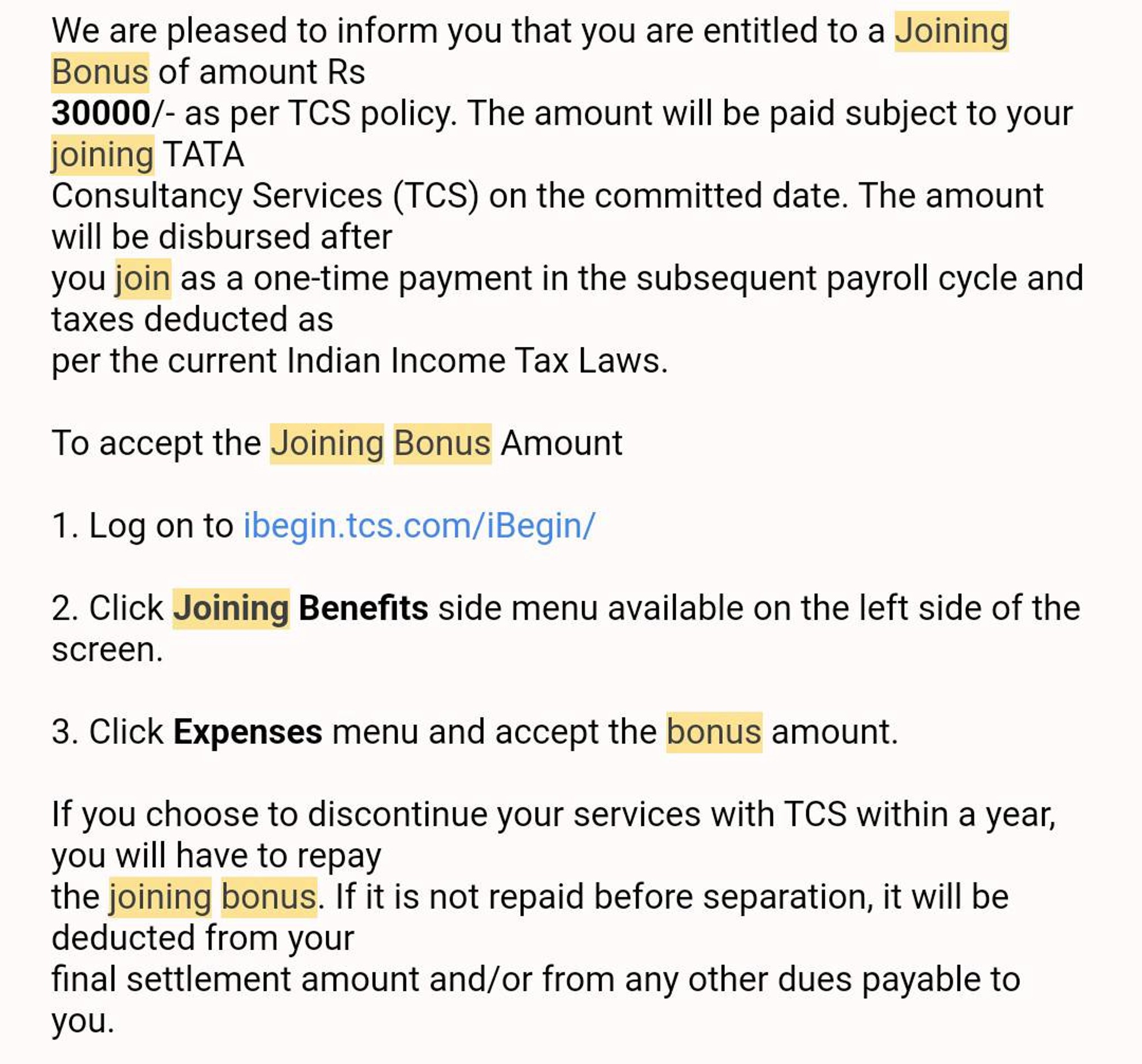 Does TCS mentioned joining bonus in their offer le... | Fishbowl