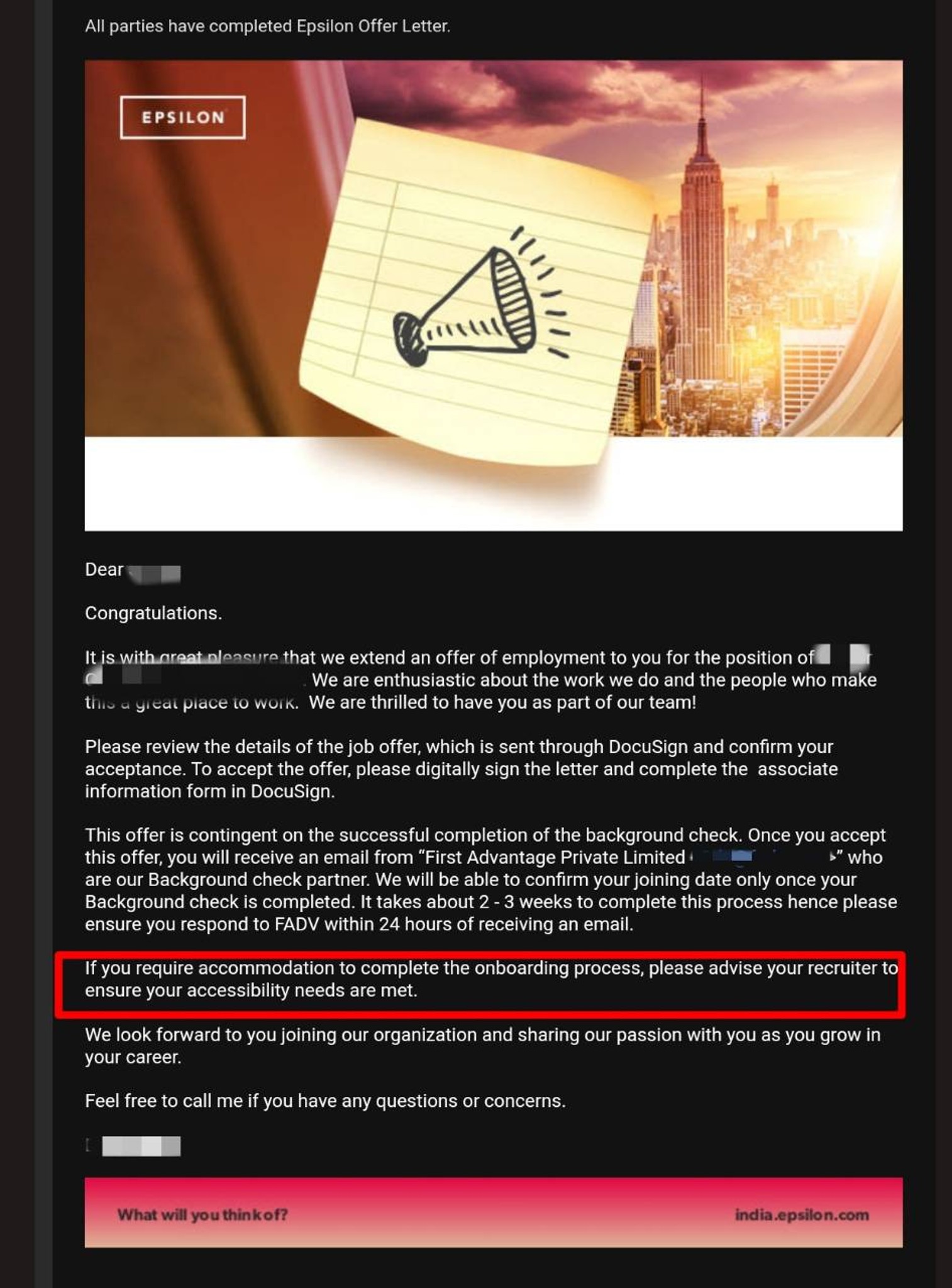 Hi fishes. I have accepted an offer from Epsilon. In the offer letter ...