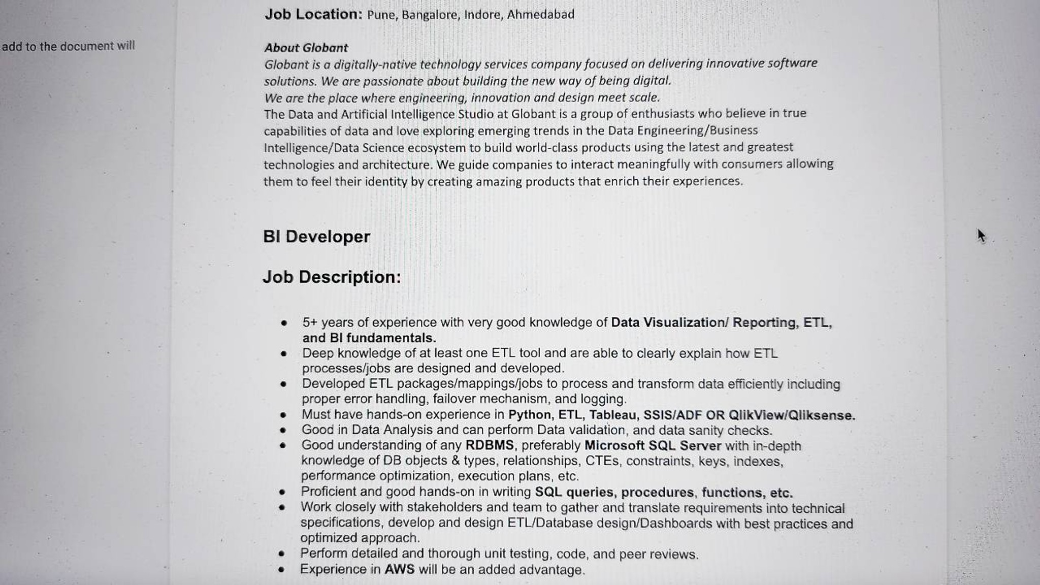 BI/SQL Developer Job Opening in Globant, please dm... | Fishbowl