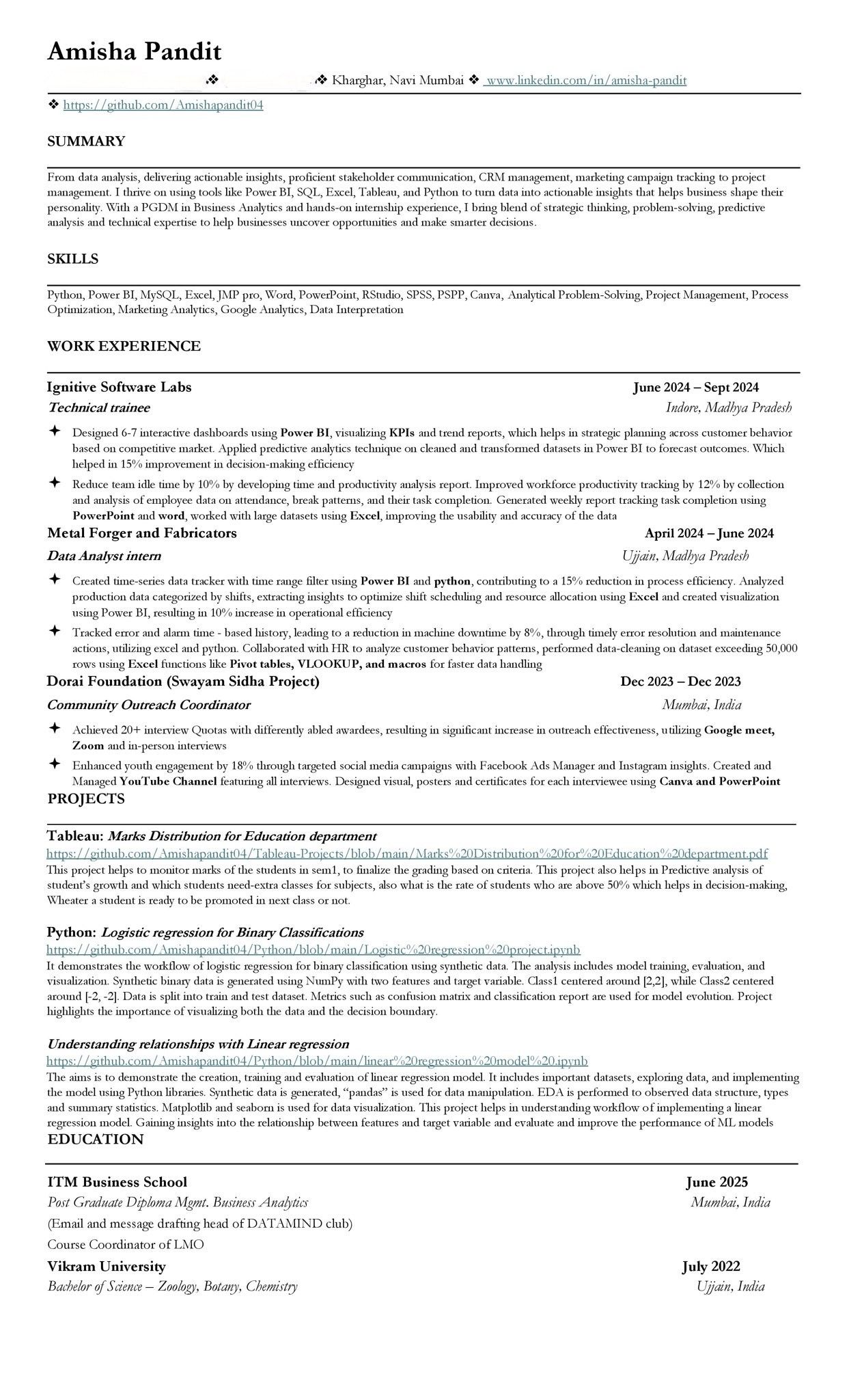 Hi, I am Amisha Pandit, a PGDM graduate in Business Analytics and a fresher. With internship ...