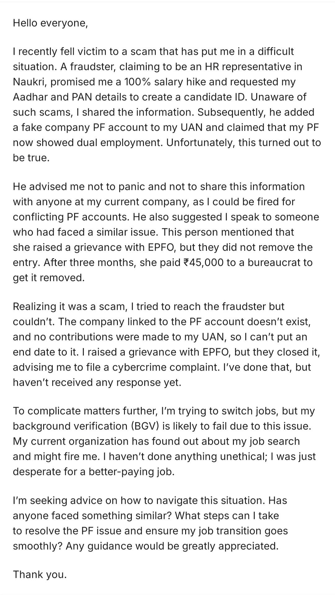 Seeking advice on Handling a PF Scam and Job Transition Issues ...