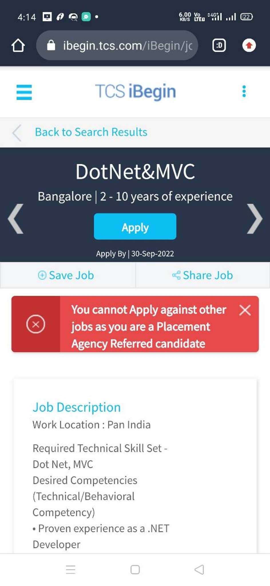 Hi all for the last 6 months. I am getting the same issue. I camt apply in tcs . It's showing ...