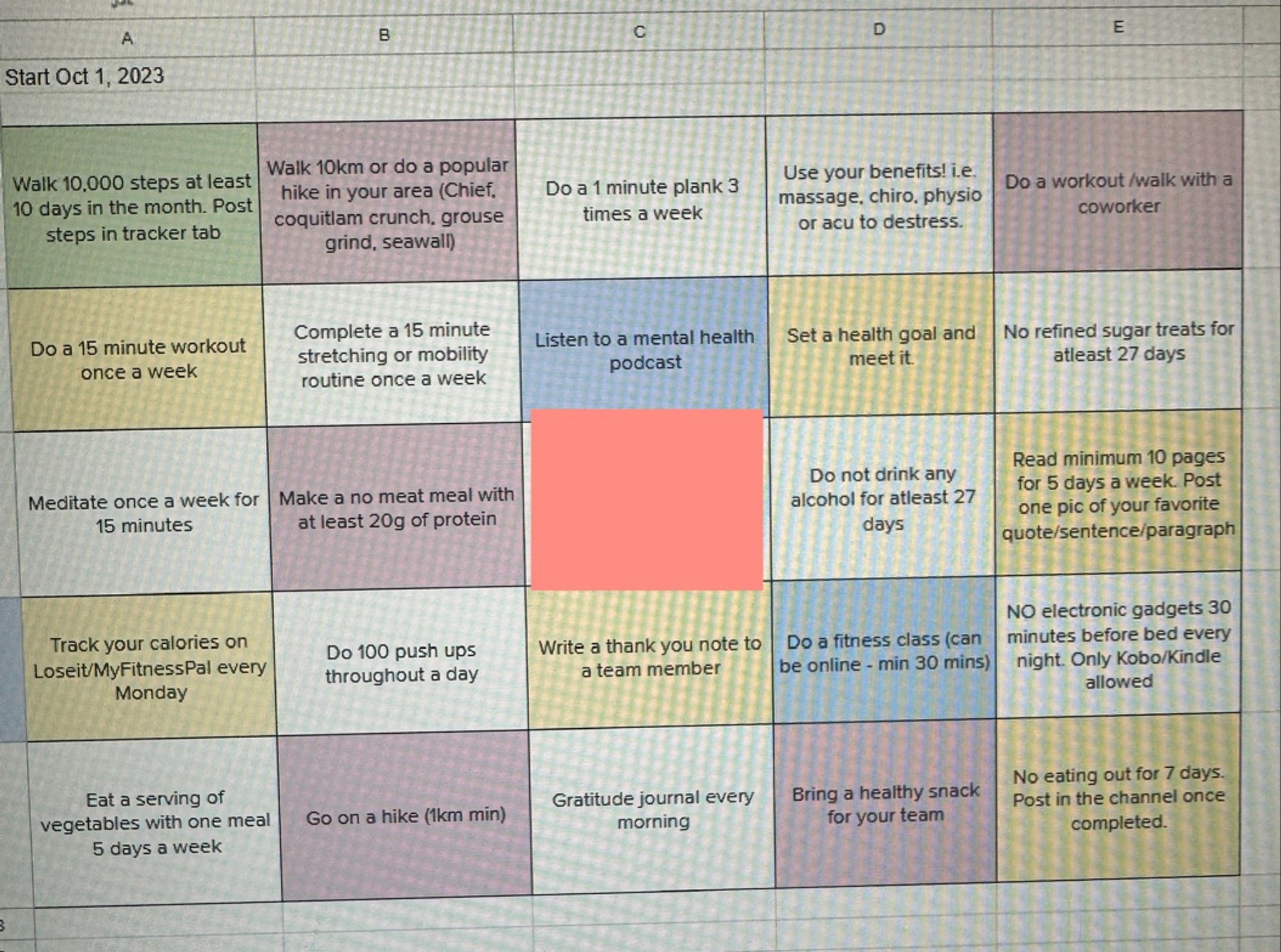 I am organizing this health challenge bingo at wor... | Fishbowl