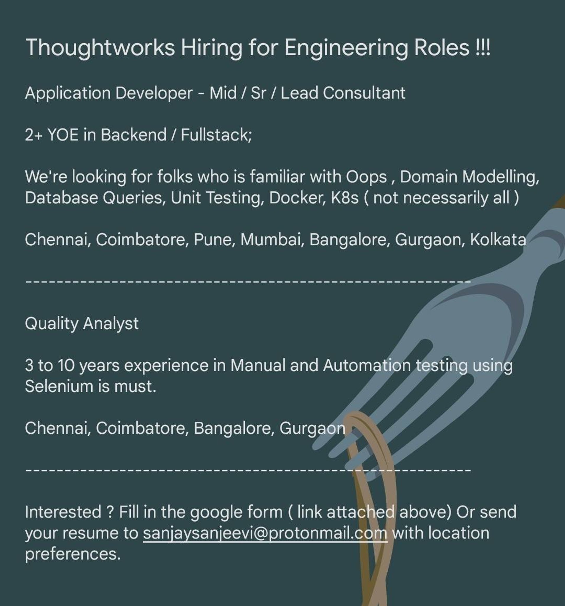 Thoughtworks Hiring!!! Use Google Form Link 👇 ... | Fishbowl