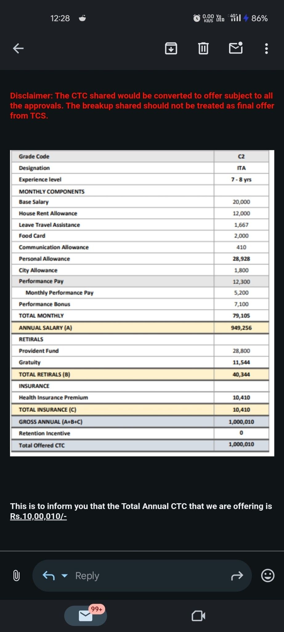 Can anyone help me with take home salary of below tcs offer letter after all deduction ...